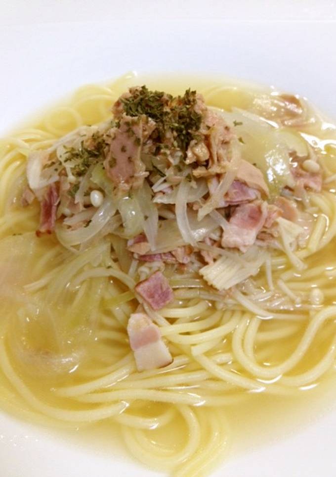 ベーコン・玉葱・ツナDEスープパスタ by kochako 【クックパッド】 簡単おいしいみんなのレシピが392万品
